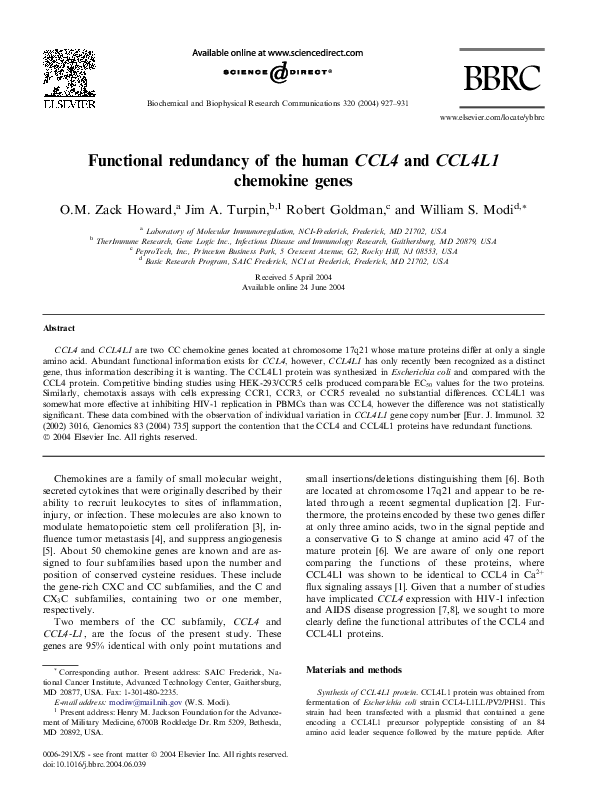 (PDF) Functional redundancy of the human CCL4 and CCL4L1 chemokine genes