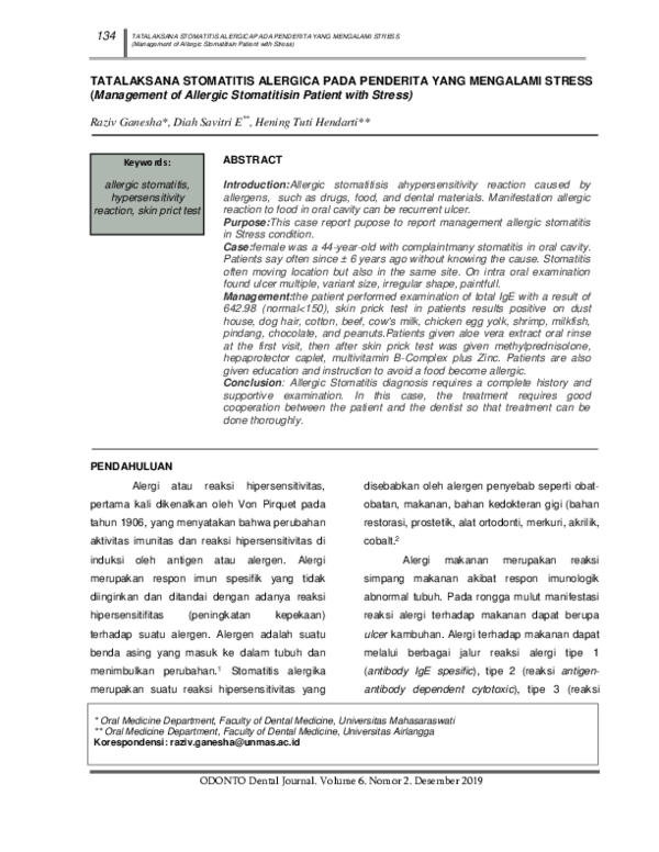 (PDF) TATALAKSANA STOMATITIS ALERGICA PADA PENDERITA YANG MENGALAMI STRESS (Management of ...