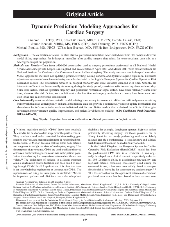 (PDF) Dynamic Prediction Modeling Approaches for Cardiac Surgery