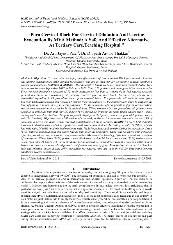 (PDF) “Para Cervical Block For Cervical Dilatation And Uterine ...