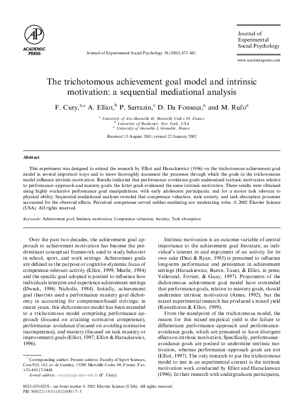 (PDF) The trichotomous achievement goal model and intrinsic motivation ...
