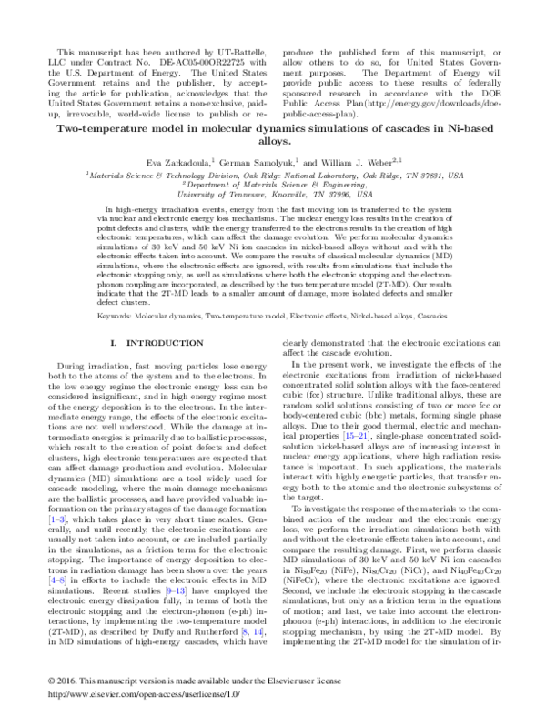 (PDF) Two-temperature model in molecular dynamics simulations of ...