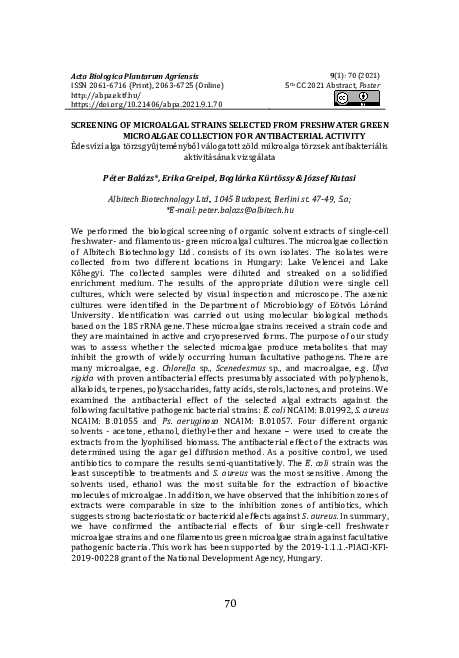 (PDF) Screening of Microalgal Strains Selected from Freshwater Green Microalgae Collection for ...
