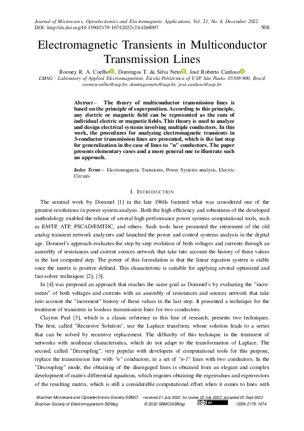 Pdf Electromagnetic Transients In Multiconductor Transmission Lines