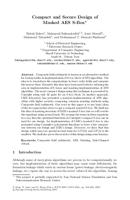 Pdf Compact And Secure Design Of Masked Aes S Box