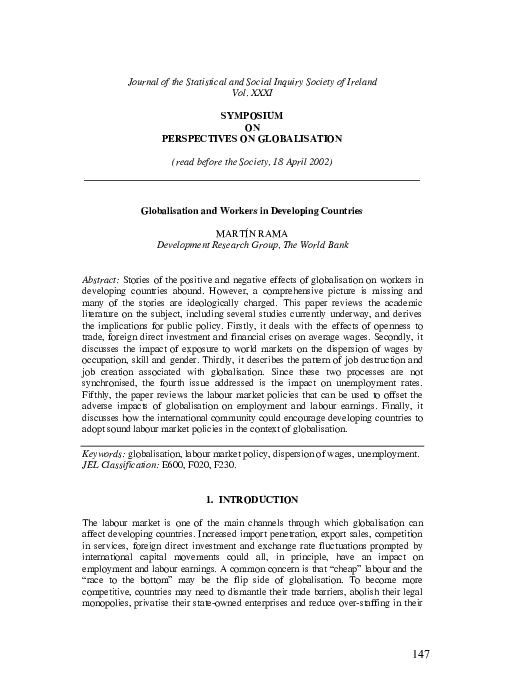 (PDF) Globalisation and workers in developing countries