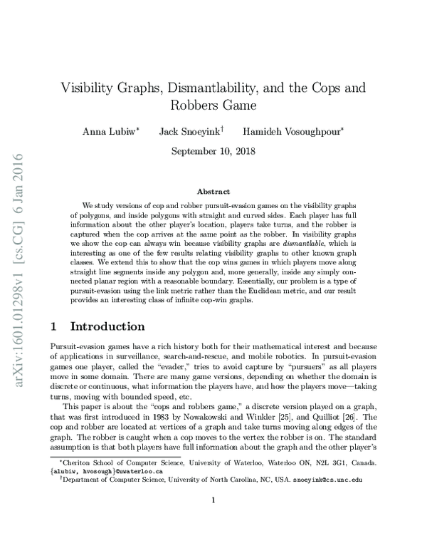 (PDF) Visibility graphs, dismantlability, and the cops and robbers game