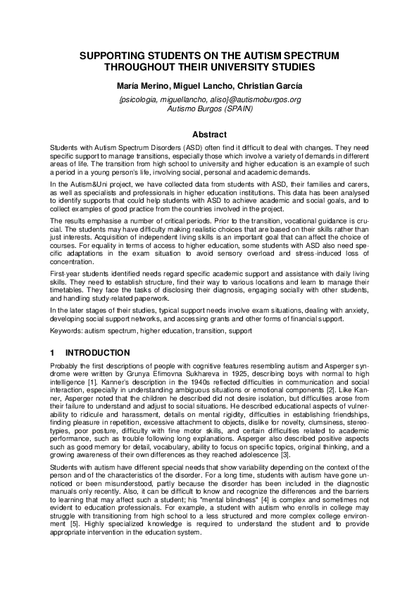 Pdf Supporting Students On The Autism Spectrum Throughout Their