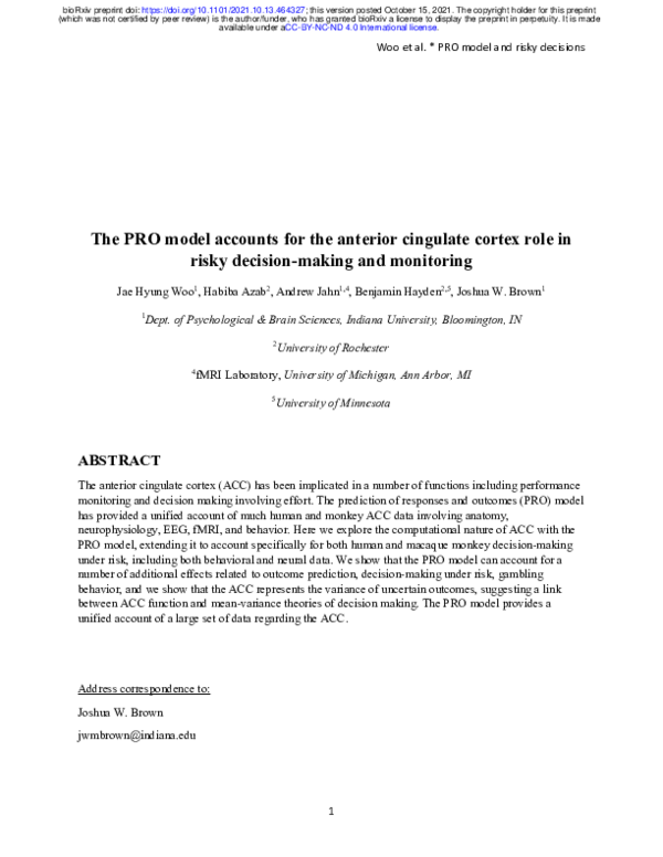 (PDF) The PRO model accounts for the anterior cingulate cortex role in risky decision-making and ...