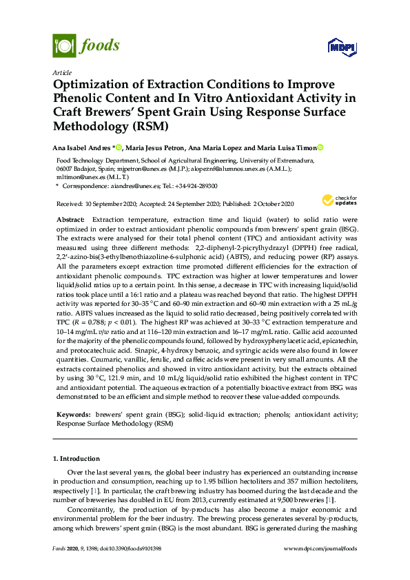 (PDF) Optimization of Extraction Conditions to Improve Phenolic Content and In Vitro Antioxidant ...