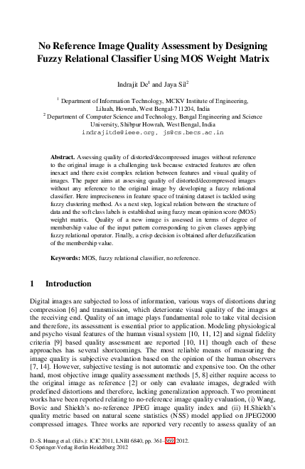 (PDF) No Reference Image Quality Assessment by Designing Fuzzy Relational Classifier Using MOS ...