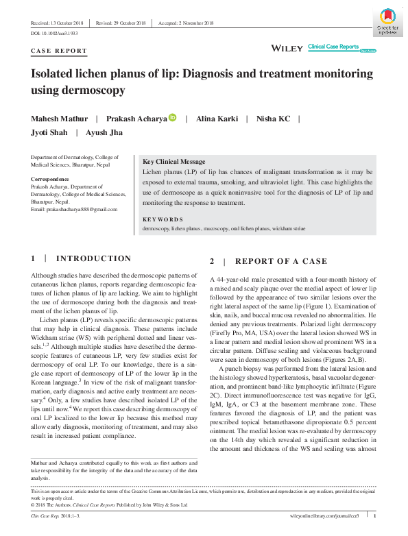 (PDF) Isolated lichen planus of lip: Diagnosis and treatment monitoring using dermoscopy