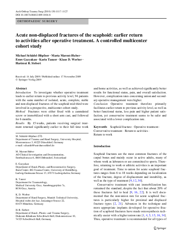 (PDF) Acute non-displaced fractures of the scaphoid: earlier return to ...
