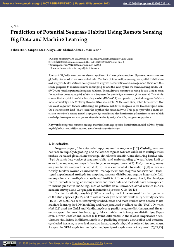 (PDF) Prediction of Potential Seagrass Habitat Using Remote Sensing Big Data and Machine Learning