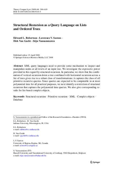 Pdf Structural Recursion As A Query Language On Lists And Ordered Trees 7729