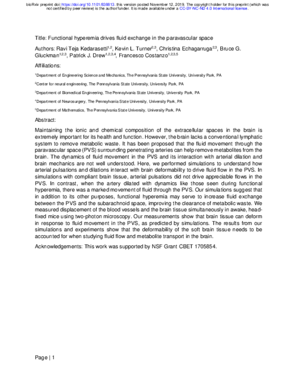 (PDF) Functional hyperemia drives fluid exchange in the paravascular space