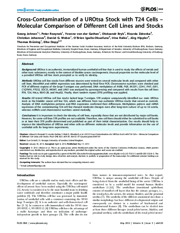 (PDF) Cross-Contamination of a UROtsa Stock with T24 Cells – Molecular ...