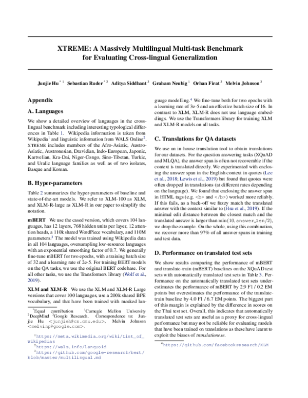 Pdf Xtreme A Massively Multilingual Multi Task Benchmark For