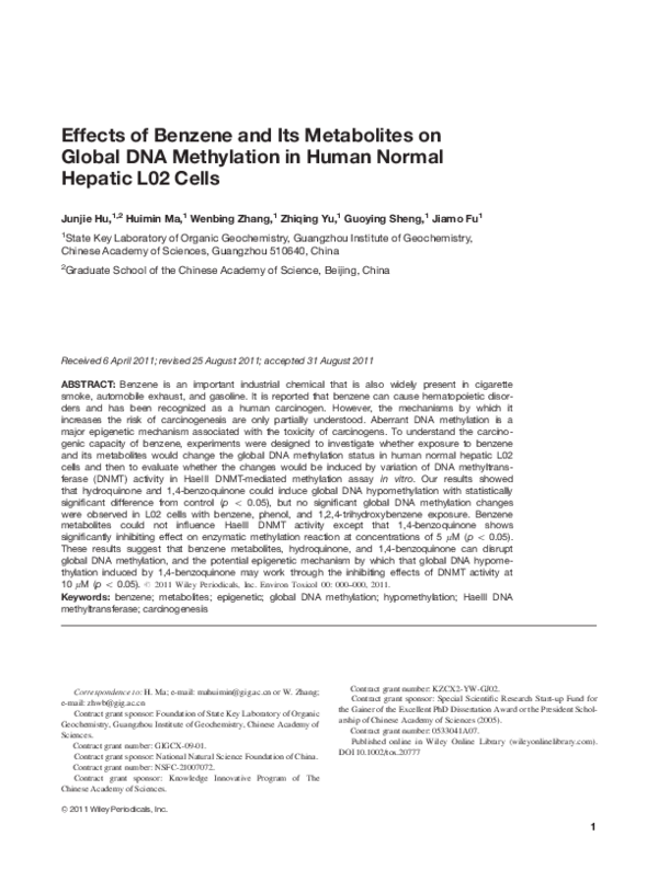 (PDF) Effects of benzene and its metabolites on global DNA methylation ...
