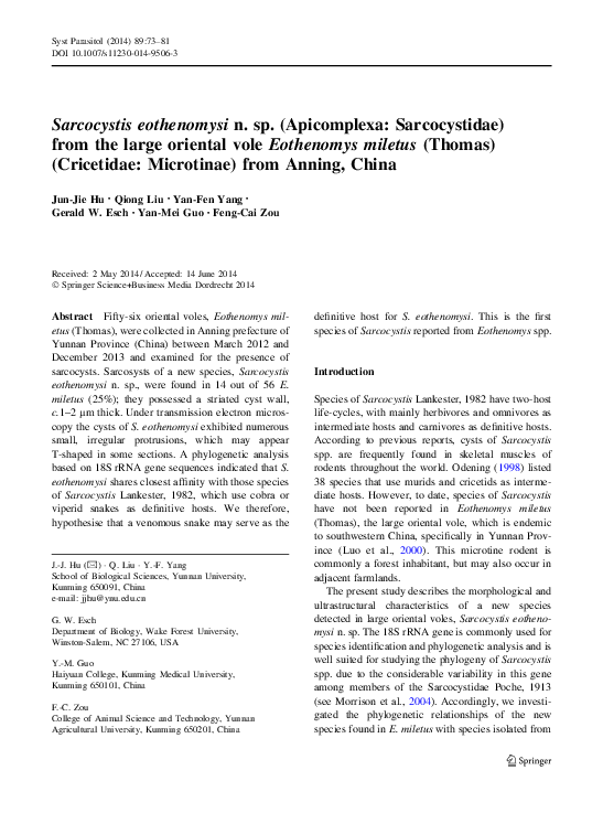 (PDF) Sarcocystis eothenomysi n. sp. (Apicomplexa: Sarcocystidae) from ...