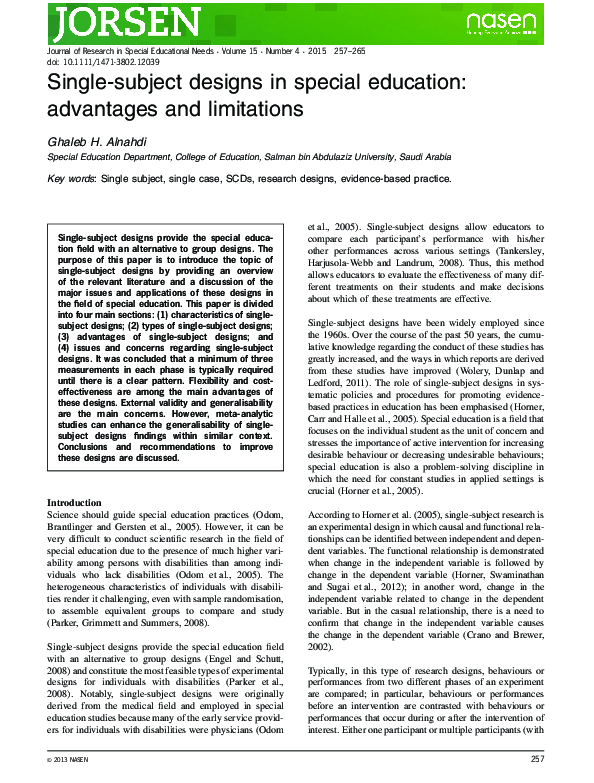 (PDF) Single-subject designs in special education: advantages and ...