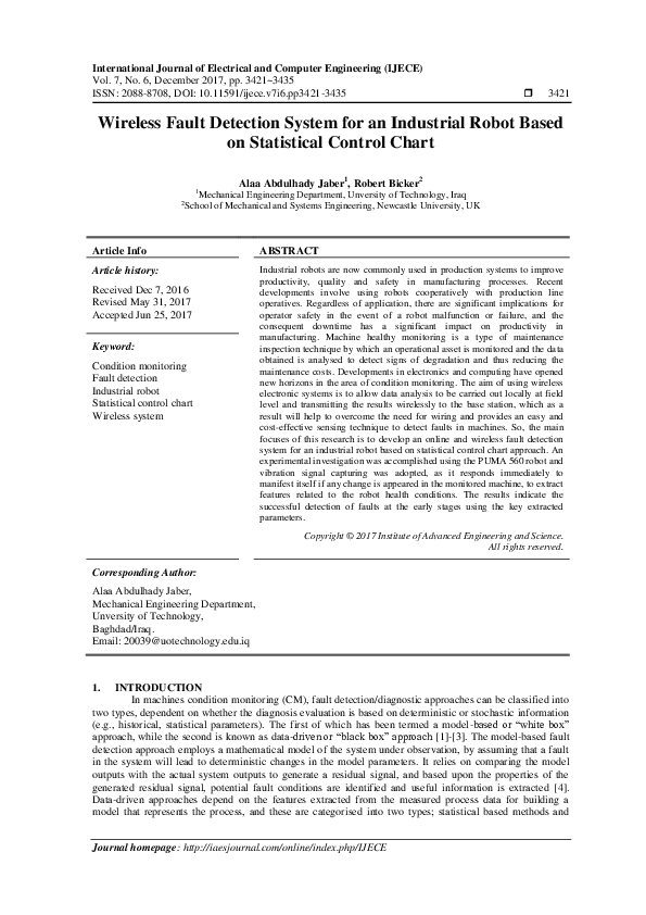 Pdf Wireless Fault Detection System For An Industrial Robot Based On Statistical Control Chart