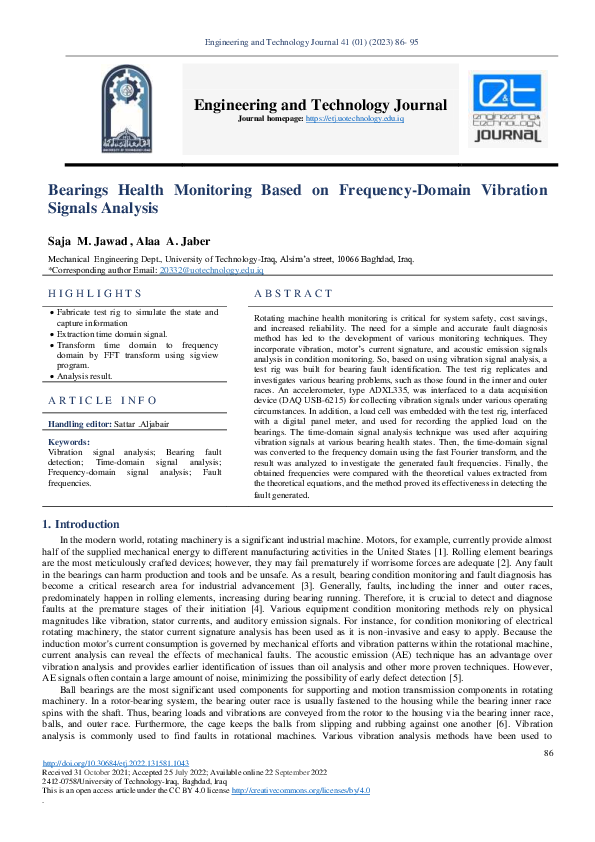 Pdf Bearings Health Monitoring Based On Frequency Domain Vibration