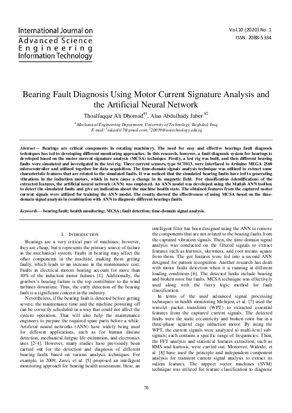 (PDF) Bearing Fault Diagnosis Using Motor Current Signature Analysis and the Artificial Neural ...