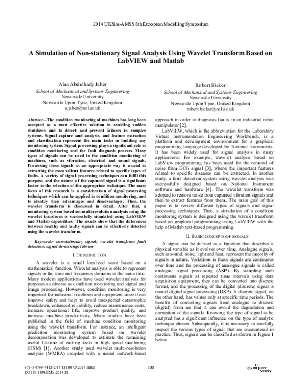 Pdf A Simulation Of Non Stationary Signal Analysis Using Wavelet Transform Based On Labview
