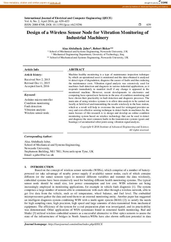 Pdf Design Of A Wireless Sensor Node For Vibration Monitoring Of