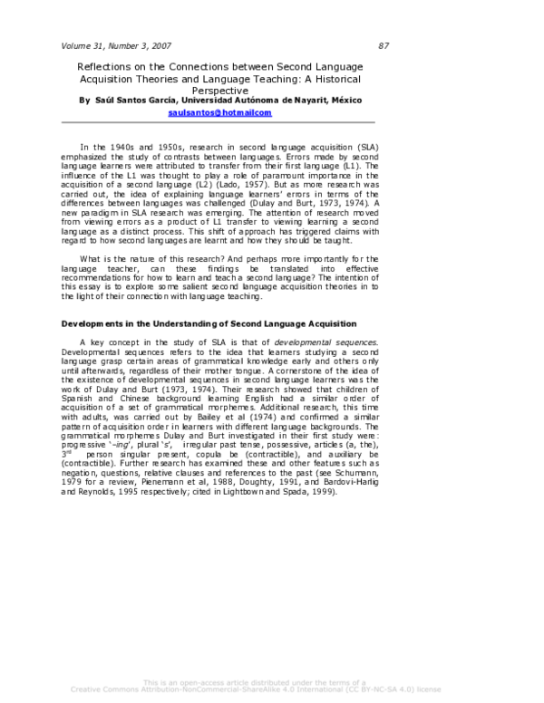 (PDF) Reflections on the Connections between Second Language Acquisition Theories and Language ...