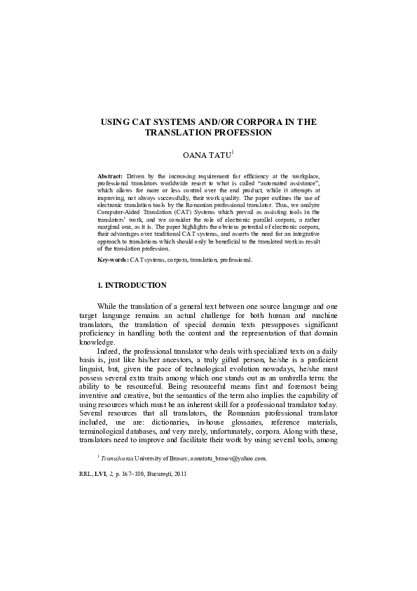 (PDF) Using Cat Systems And/Or Corpora in the Translation Profession