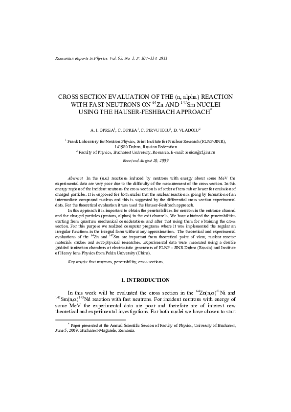 (PDF) CROSS SECTION EVALUATION OF THE (n, alpha) REACTION WITH FAST ...