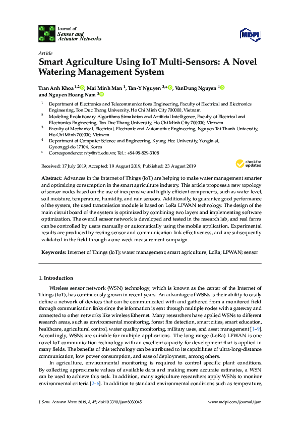 (PDF) Smart Agriculture Using IoT Multi-Sensors: A Novel Watering Management System