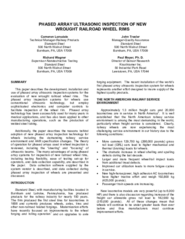 (PDF) Phased Array Ultrasonic Inspection of New Wrought Railroad Wheel Rims