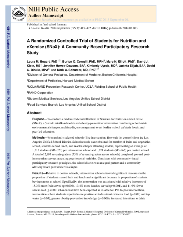 (PDF) A Randomized Controlled Trial of Students for Nutrition and ...