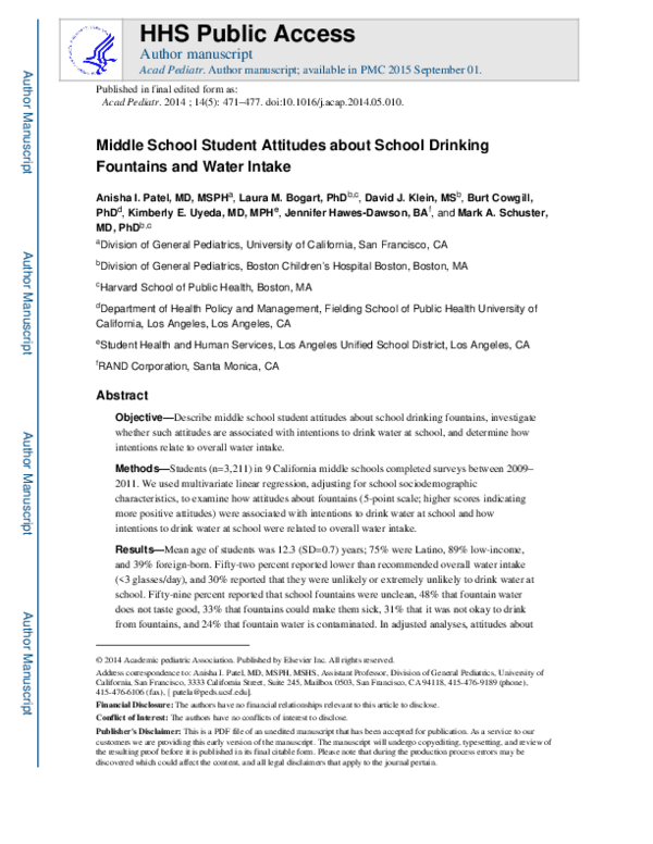 (PDF) Middle School Student Attitudes About School Drinking Fountains ...