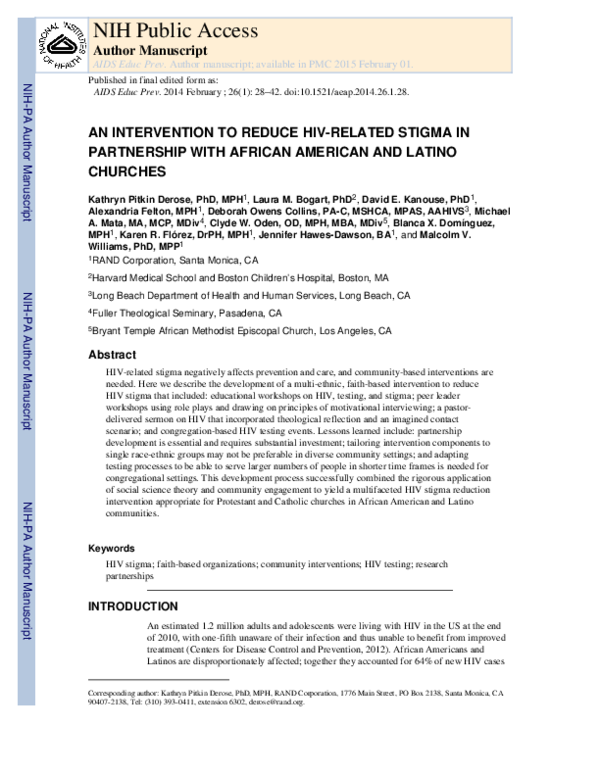 (PDF) An Intervention to Reduce HIV-Related Stigma in Partnership With ...