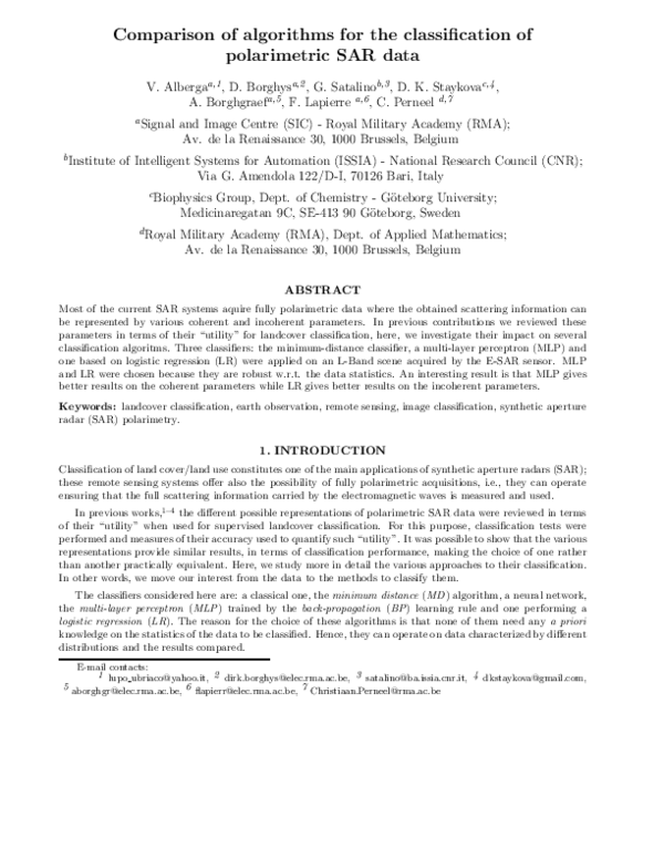 (PDF) Comparison of algorithms for the classification of polarimetric SAR data