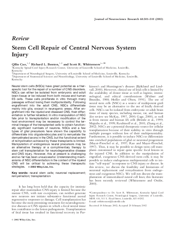 (PDF) Stem cell repair of central nervous system injury | Yo Momma - Academia.edu