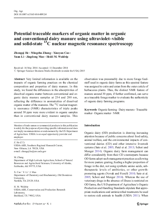 (PDF) Potential traceable markers of organic matter in organic and conventional dairy manure ...