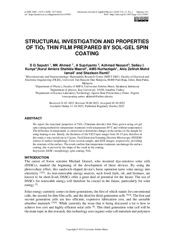 Pdf Structural Investigation And Properties Of Tio2 Thin Film Prepared By Sol Gel Spin Coating