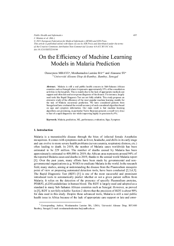 (PDF) On the Efficiency of Machine Learning Models in Malaria Prediction