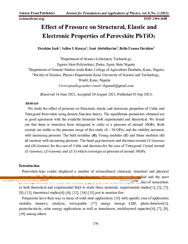 (PDF) Effect of Pressure on Structural, Elastic and Electronic Properties of Perovskite PbTiO3 ...
