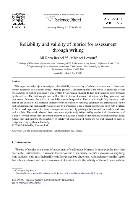 Pdf Reliability And Validity Of Rubrics For Assessment Through Writing Ali Rezaei