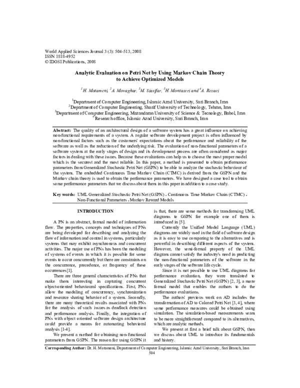 (PDF) Analytic Evaluation on Petri Net by Using Markov Chain Theory to Achieve Optimized Models