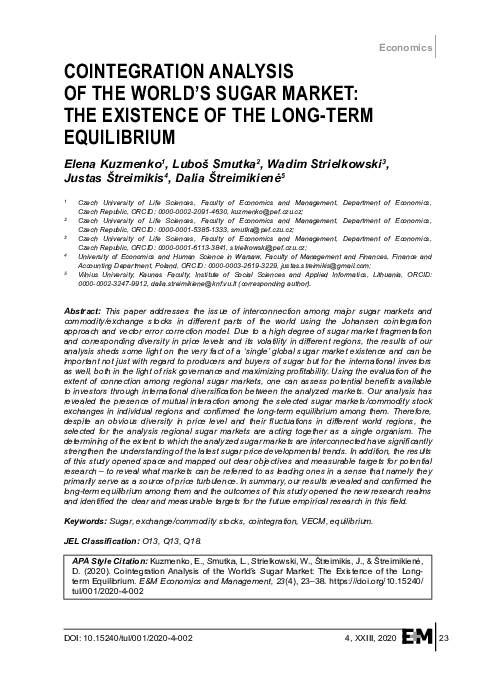 (PDF) Cointegration Analysis of the World’s Sugar Market: The Existence of the Long-term Equilibrium