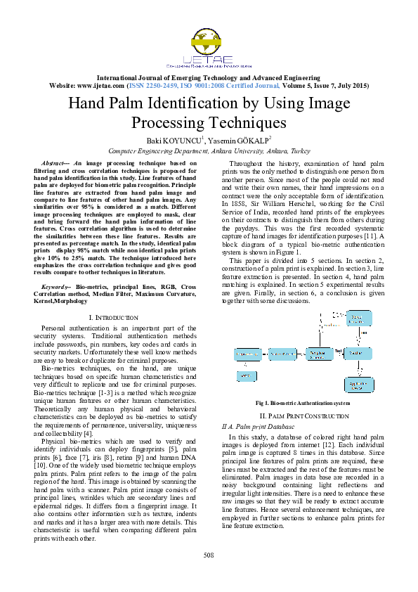 (PDF) Hand Palm Identification by Using Image Processing Techniques