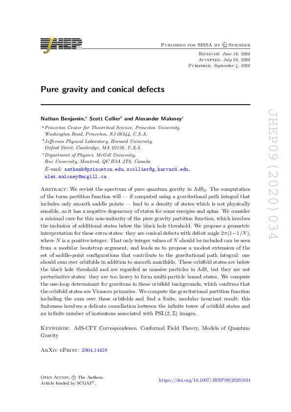 Pdf Pure Gravity And Conical Defects Scott Collier