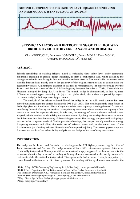 Pdf Seismic Analysis And Retrofitting Of The Highway Bridge Over The Rivers Tanaro And Bormida